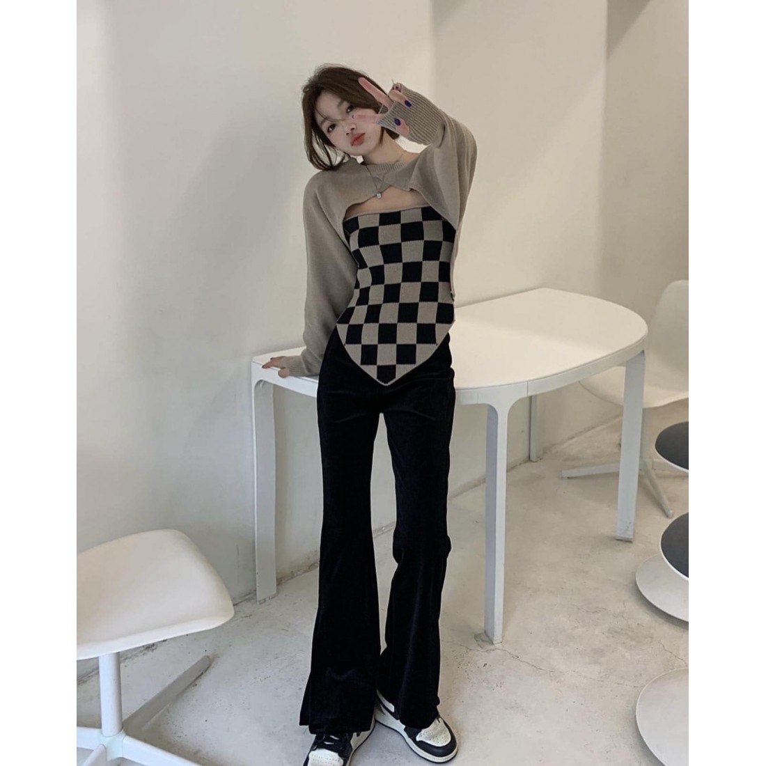 Khaki Knitted Outer & Checkered Singlet Set