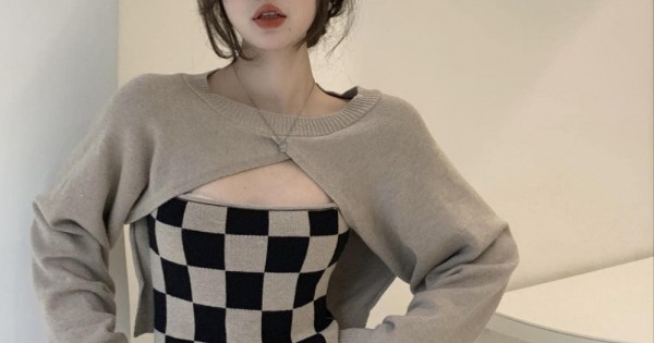 Khaki Knitted Outer & Checkered Singlet Set